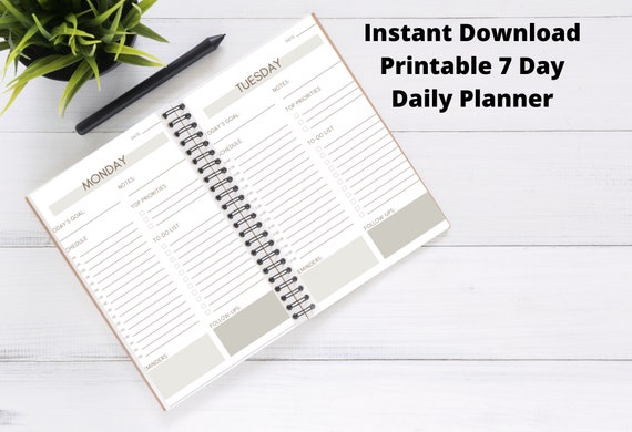 Printable 7 Day Daily Planner Instant Download Goal | Etsy