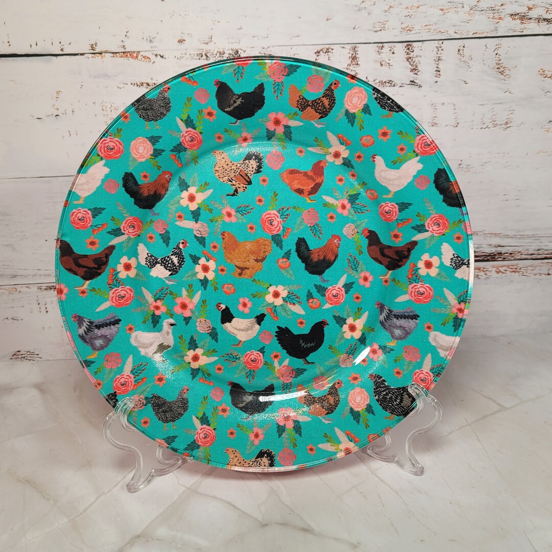 Chickens on Teal Decorativ Plate - Etsy