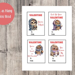 Cute Owl Themed Valentines Cards for Kids, Printable Owl and Hot Cocoa ...