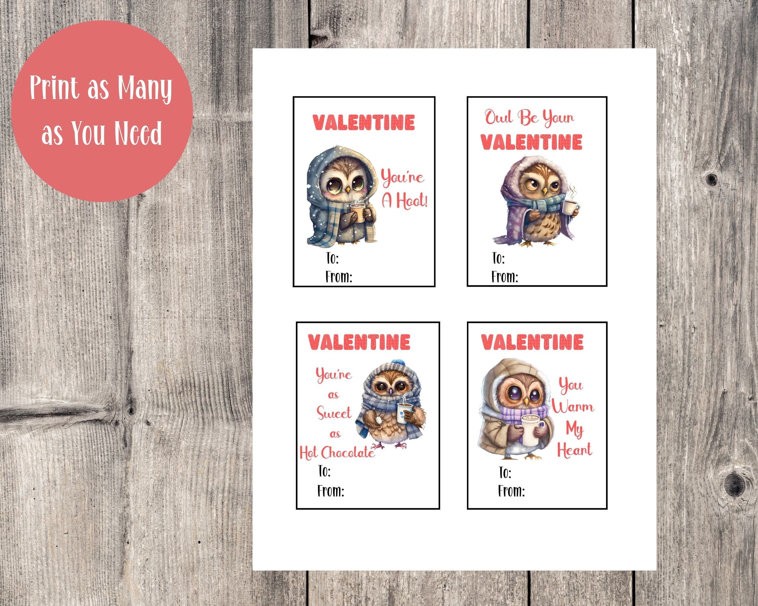Cute Owl Themed Valentines Cards for Kids, Printable Owl and Hot Cocoa ...