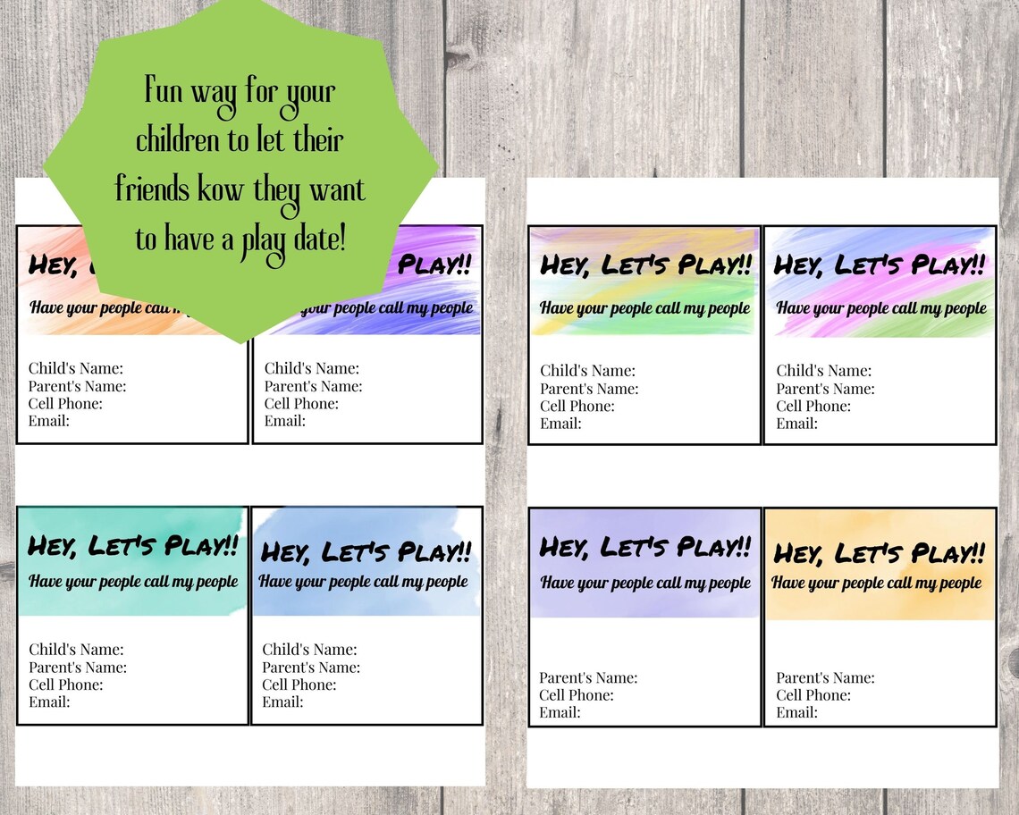 Fun, Colorful Play Date Cards for Kids, Printable Playdate Cards, Fun ...