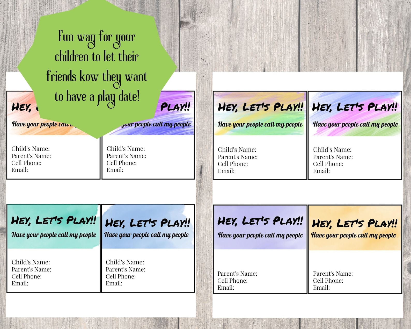 Fun, Colorful Play Date Cards for Kids, Printable Playdate Cards, Fun ...