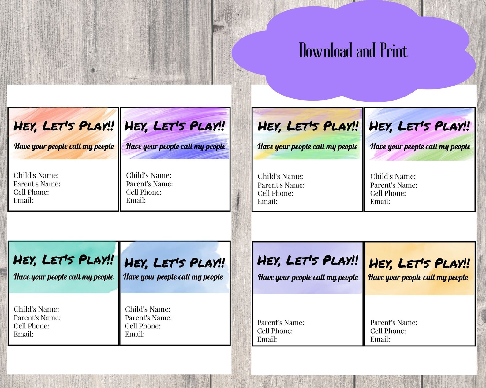 Fun, Colorful Play Date Cards for Kids, Printable Playdate Cards, Fun ...