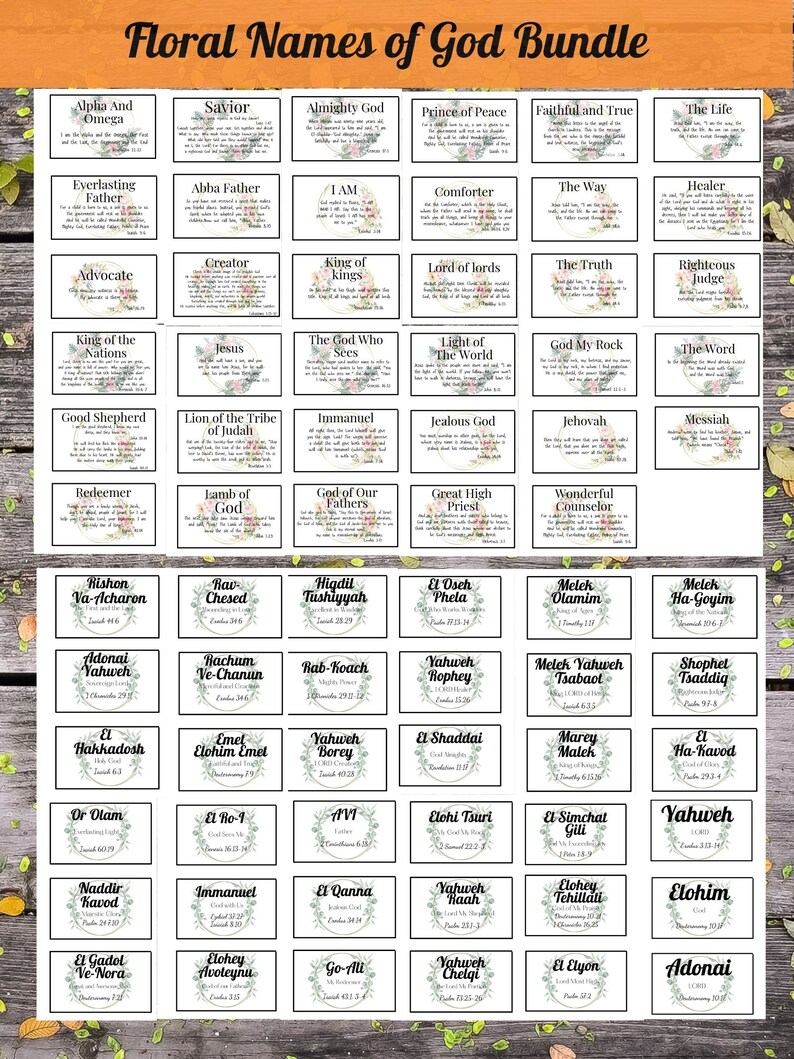 Floral Names of God 3x5 Notecard Bundle, Printable 35 Names of God ...