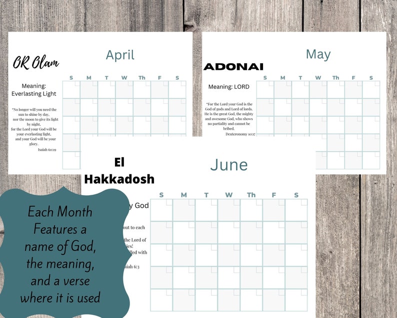Hebrew Names of God Calendar, Printable 12 Month Calendar, Each Month ...