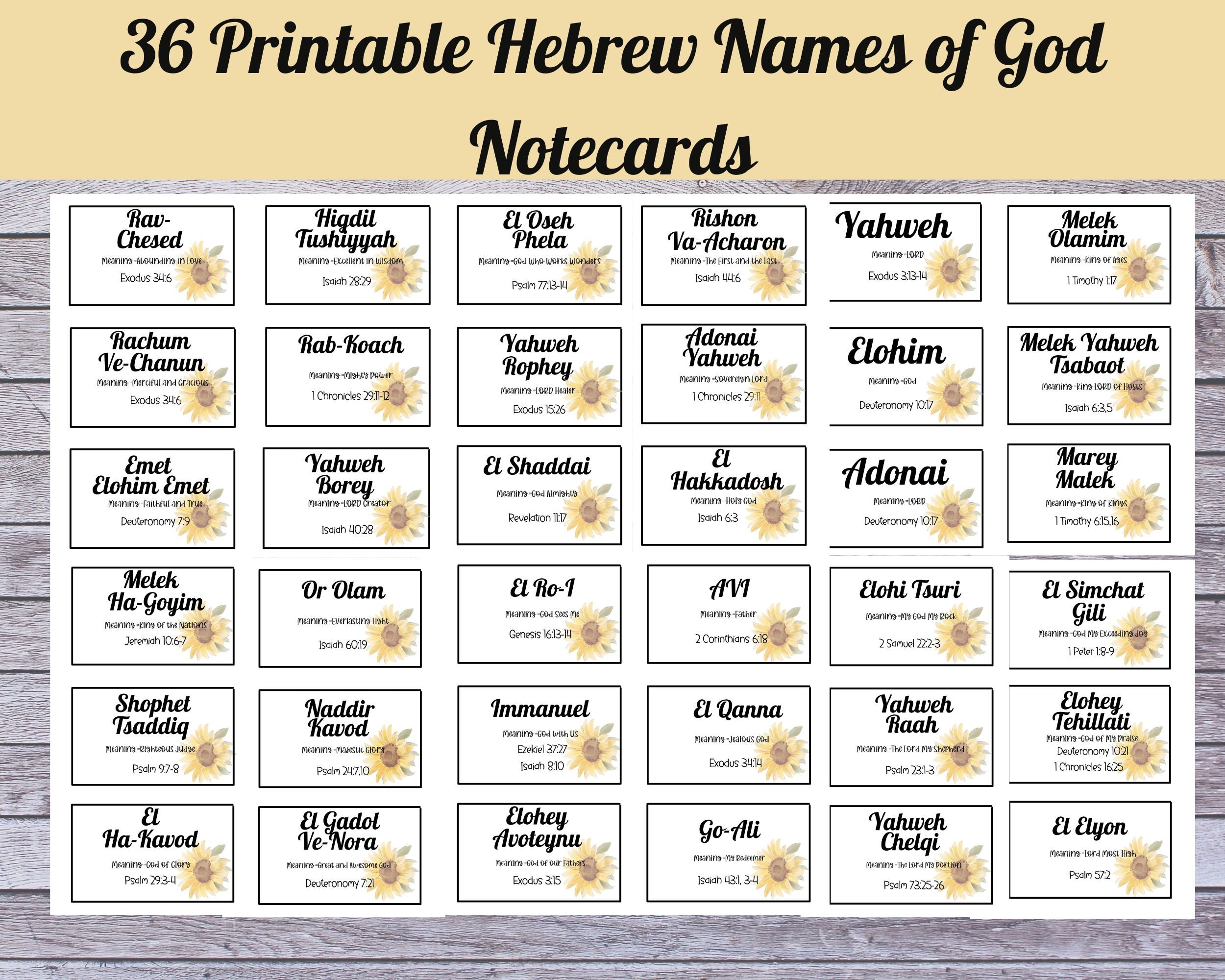 36 Hebrew Names of God 3x5 Notecards, Printable Names of God Notecards ...