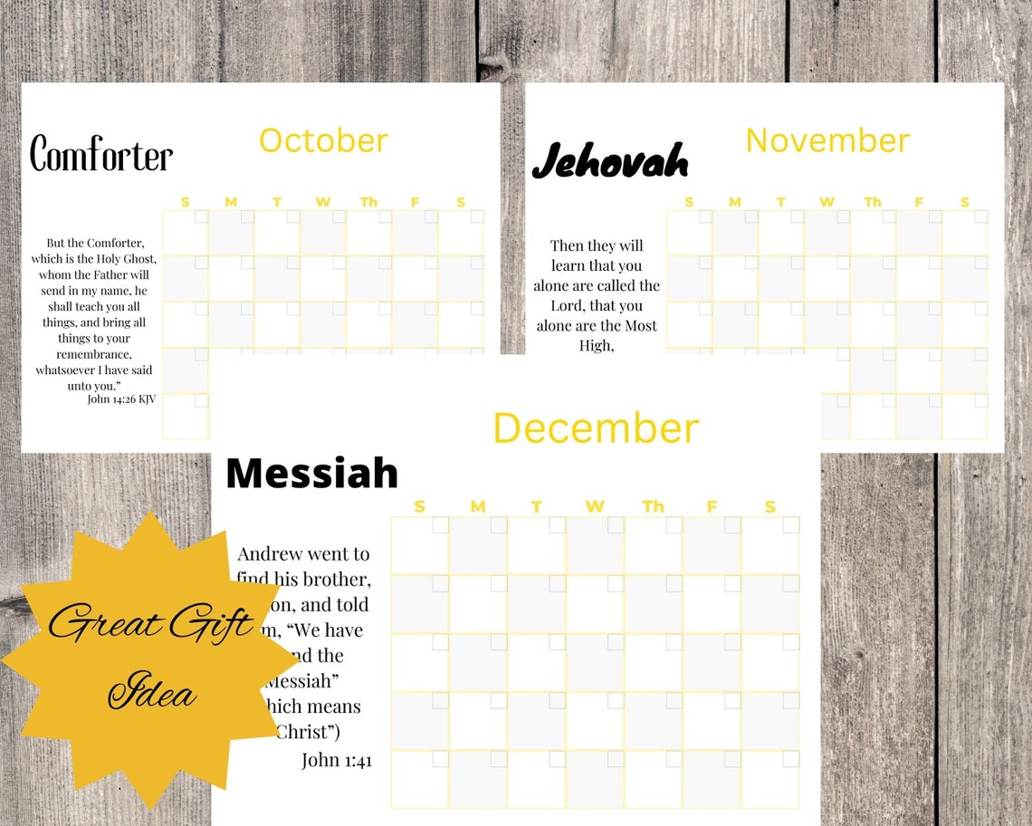 Names and Attributes of God Calendar, Printable 12 Month Calendar, Each ...