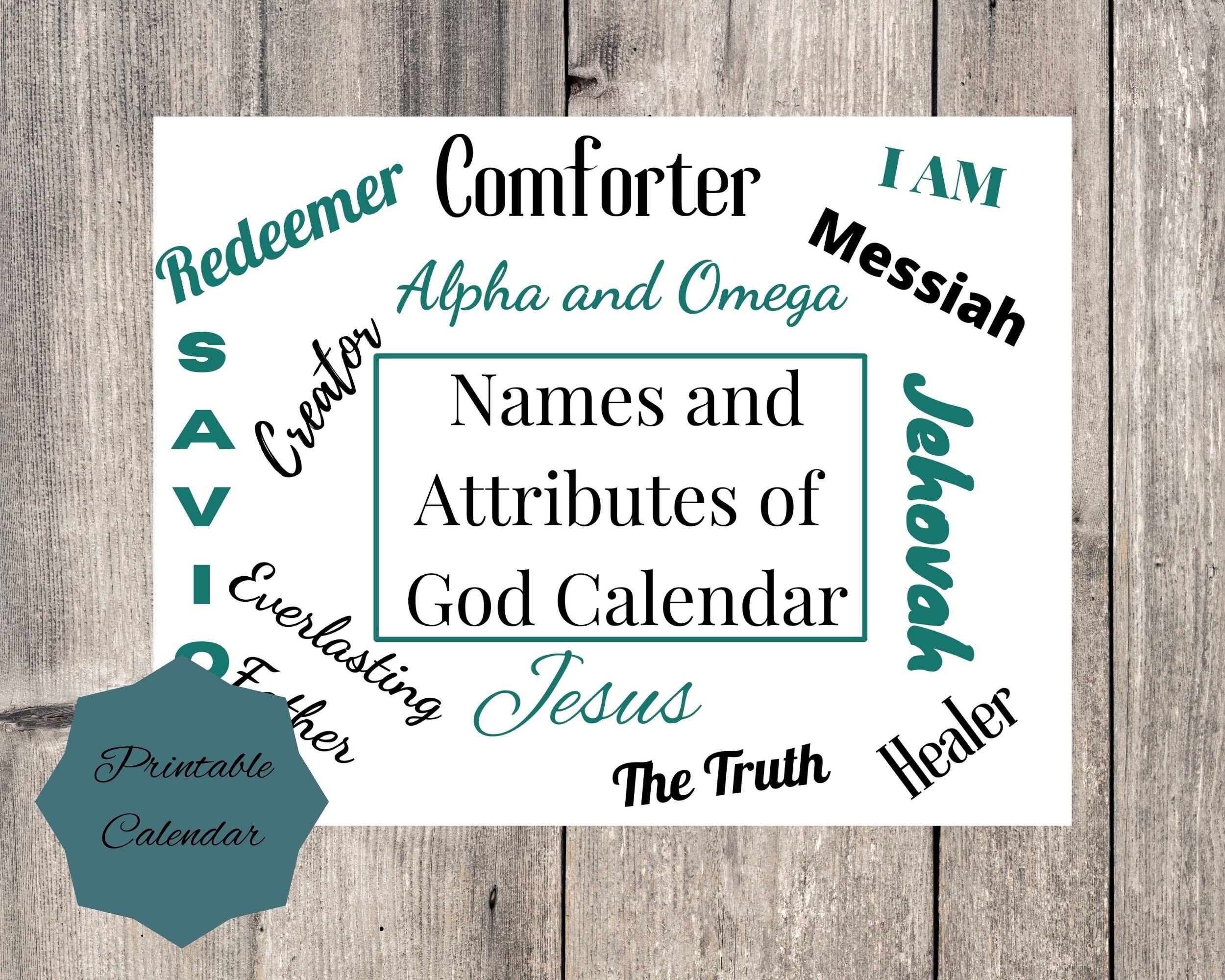 Names and Attributes of God Calendar, Printable 12 Month Calendar, Each ...