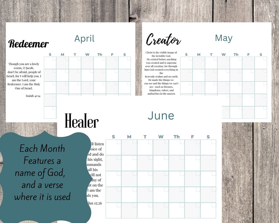 Names of God Calendar, Scripture Verse Printable (PDF Download) - Etsy