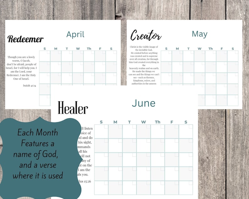Names and Attributes of God Calendar, Printable 12 Month Calendar, Each ...