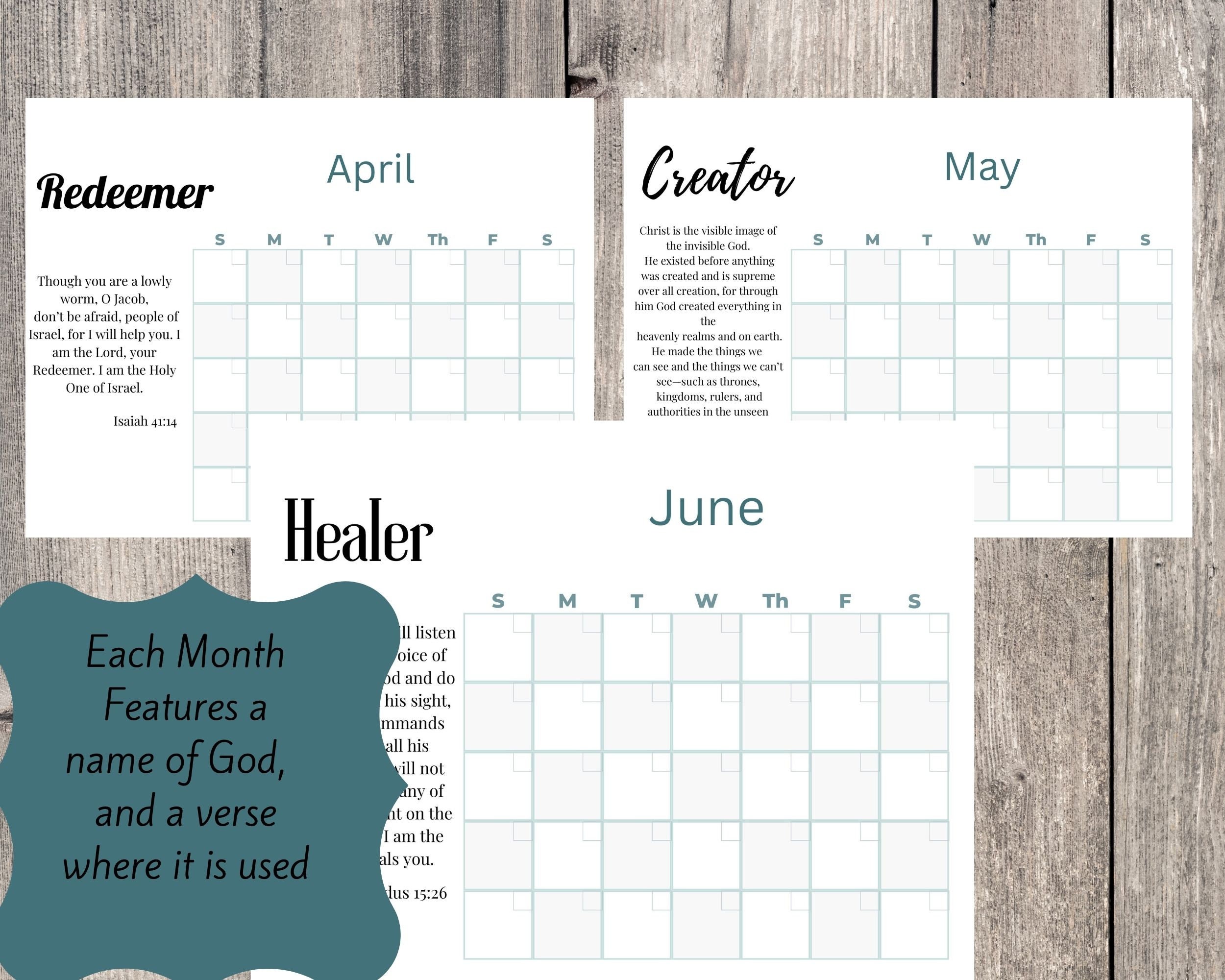 Names of God Calendar, Scripture Verse Printable (PDF Download) - Etsy
