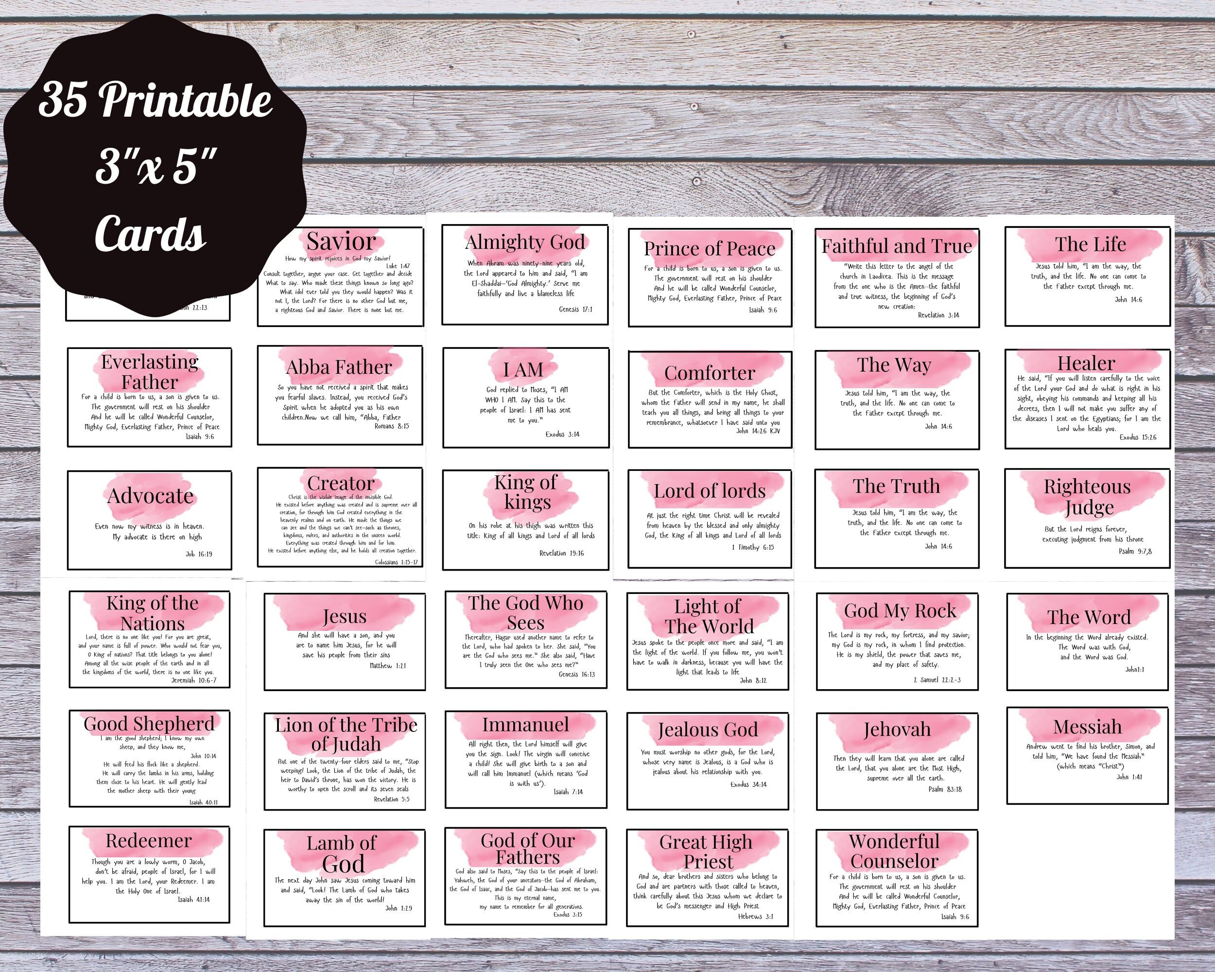 35 Names and Attributes of God 3x5 Notecards, Printable Scripture Verse ...