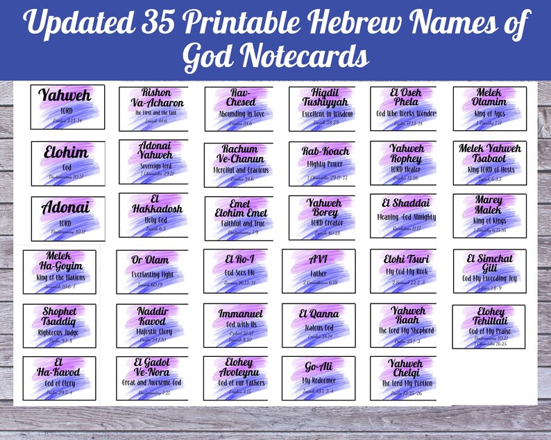 Updated 35 Hebrew Names of God 3x5 Notecards, Printable Names of God ...