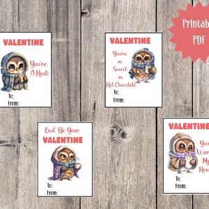 Cute Owl Themed Valentines Cards for Kids, Printable Owl and Hot Cocoa ...