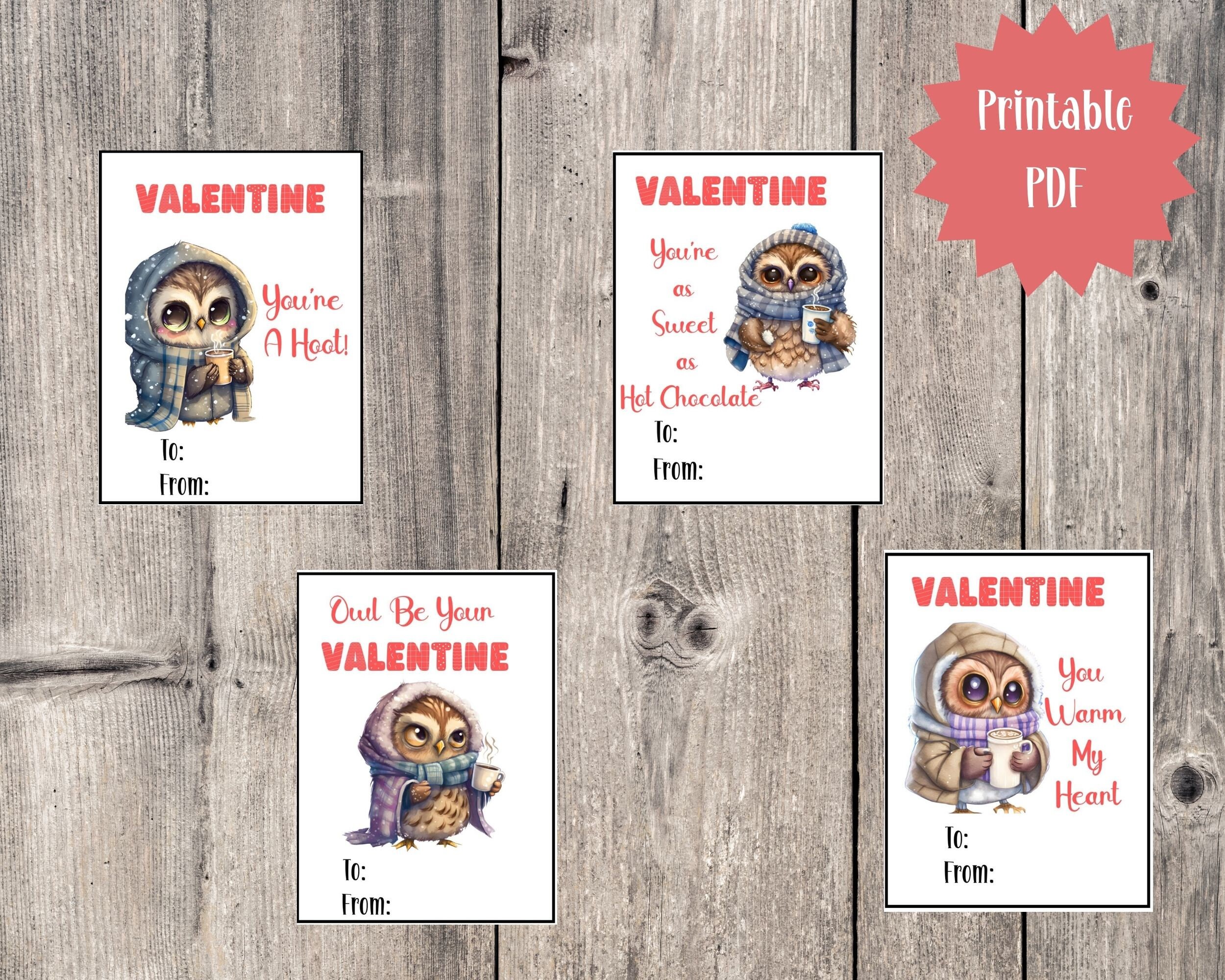 Cute Owl Themed Valentines Cards for Kids, Printable Owl and Hot Cocoa ...