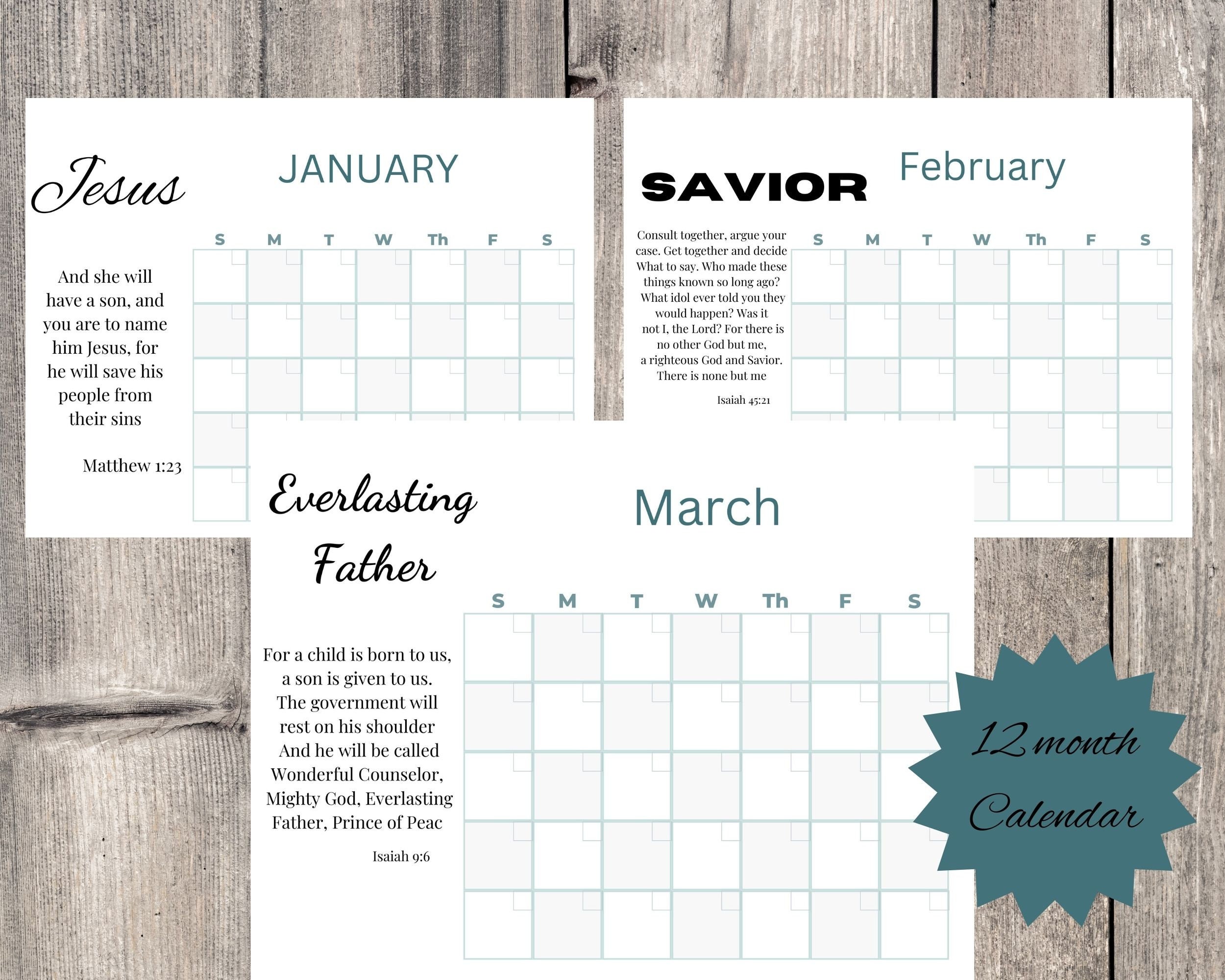 Names and Attributes of God Calendar, Printable 12 Month Calendar, Each ...