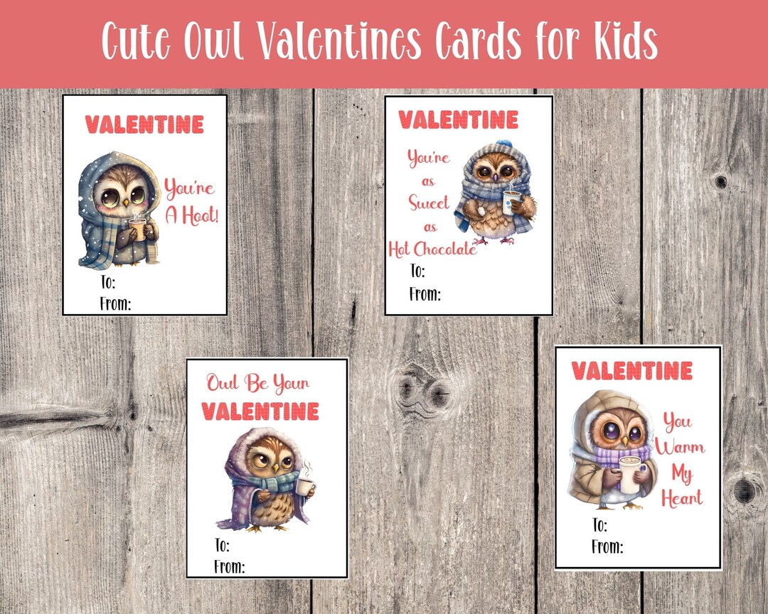 Cute Owl Themed Valentines Cards for Kids, Printable Owl and Hot Cocoa ...