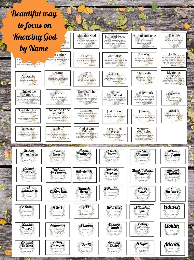 Floral KJV Names of God 3x5 Notecard Bundle, Printable 35 Names of God ...
