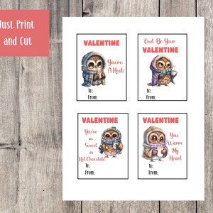 Cute Owl Themed Valentines Cards for Kids, Printable Owl and Hot Cocoa ...