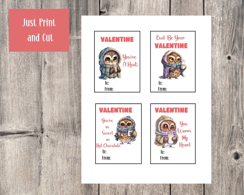 Cute Owl Themed Valentines Cards for Kids, Printable Owl and Hot Cocoa ...