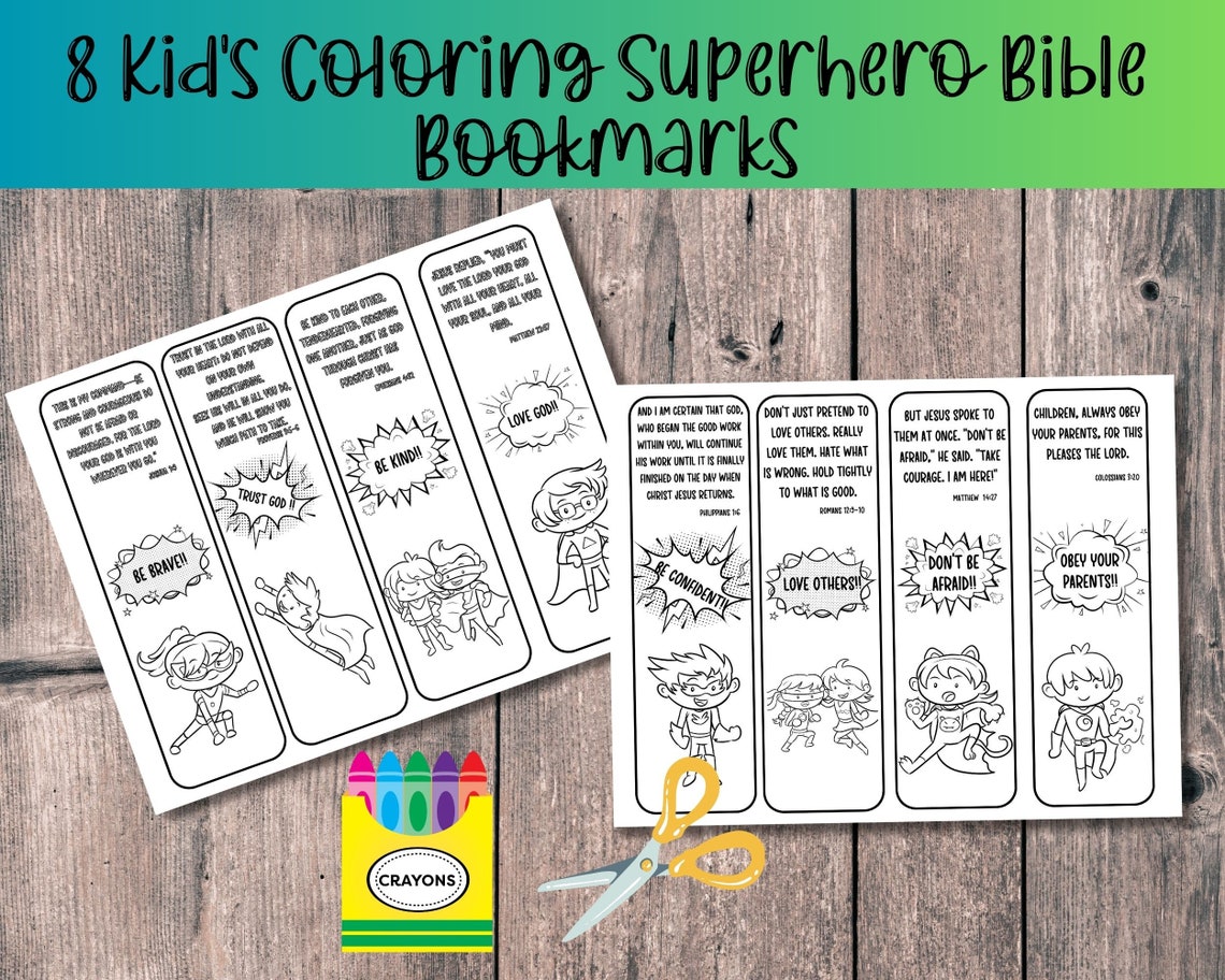 8 Kids Superhero Coloring Bible Bookmarks, Printable Bible Verse ...