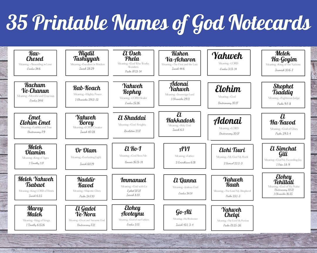 35 Hebrew Names of God 3x5 Notecards, Printable Names of God Notecards, Scripture Verse Names of ...