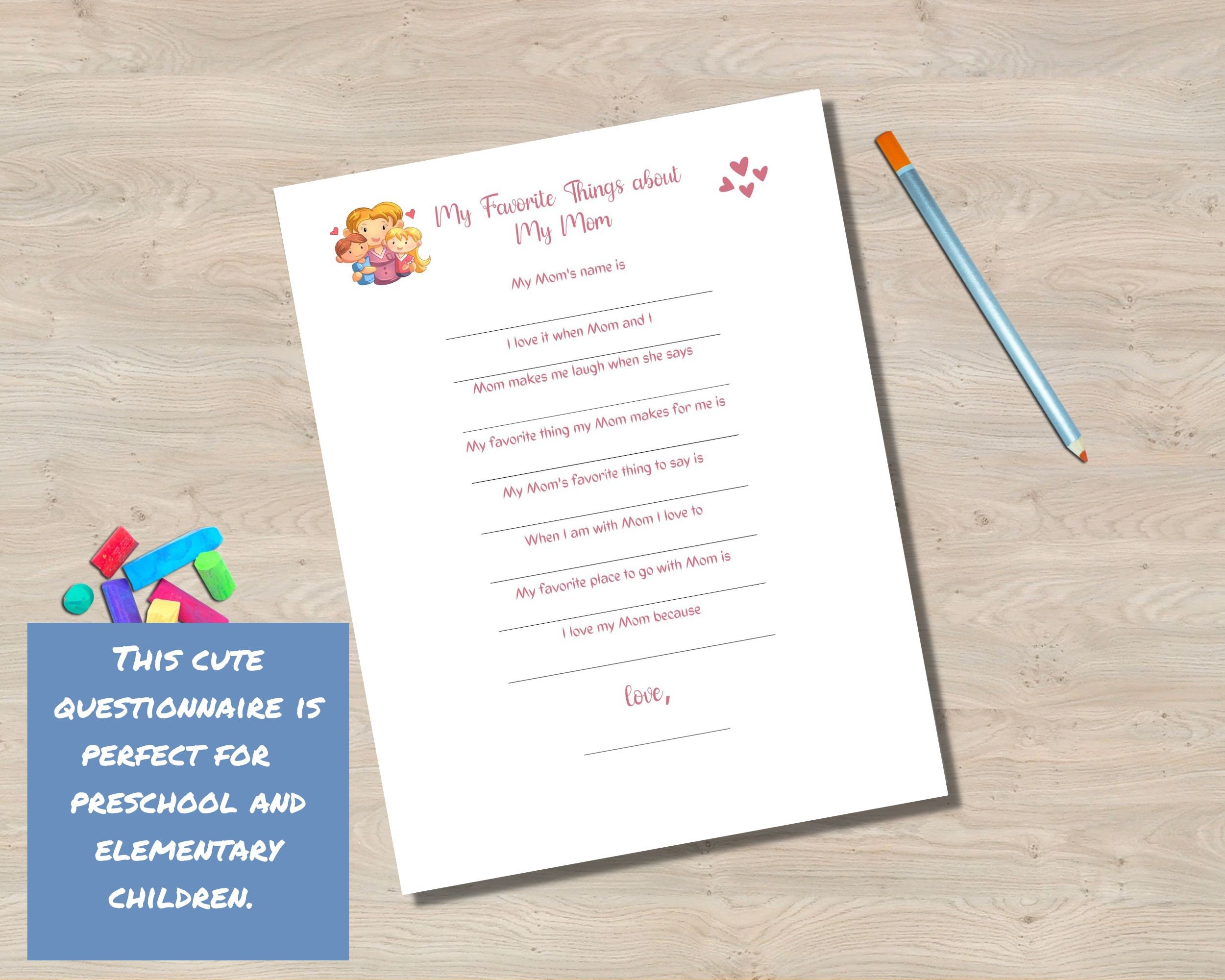Mother's Day Questionnaire Printable, My Favorite Things About Mom (PDF ...