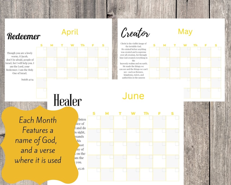 Names and Attributes of God Calendar, Printable 12 Month Calendar, Each ...
