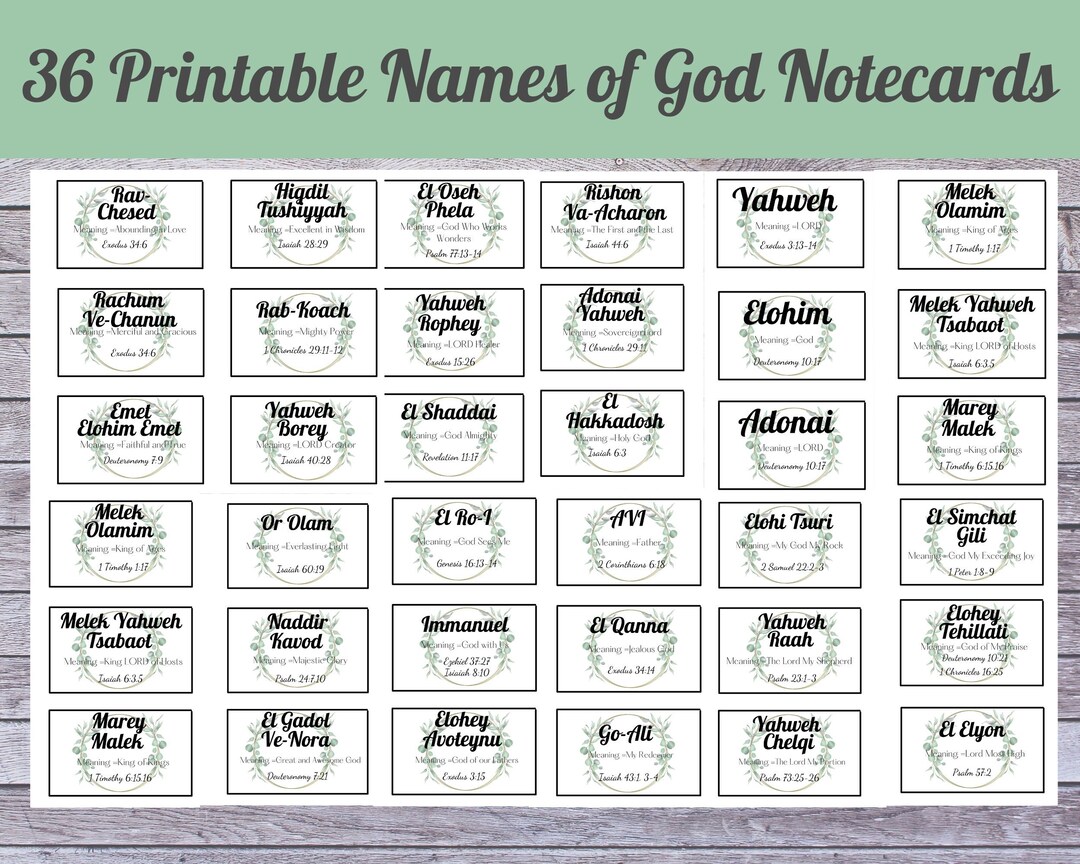 36 Hebrew Names of God 3x5 Notecards, Printable Names of God Notecards ...