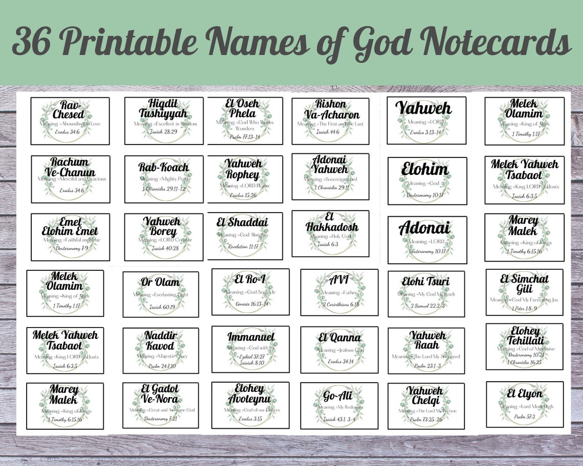 36 Hebrew Names of God 3x5 Notecards, Printable Names of God Notecards ...