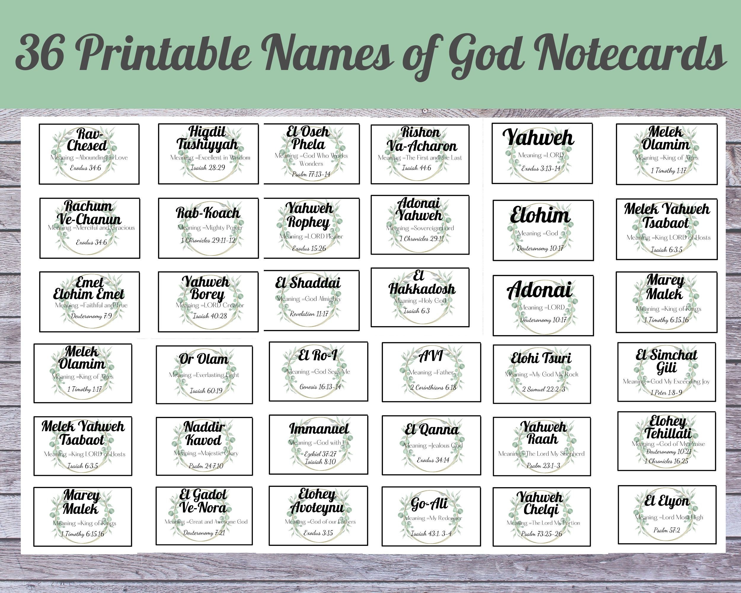 36 Hebrew Names of God 3x5 Notecards, Printable Names of God Notecards ...