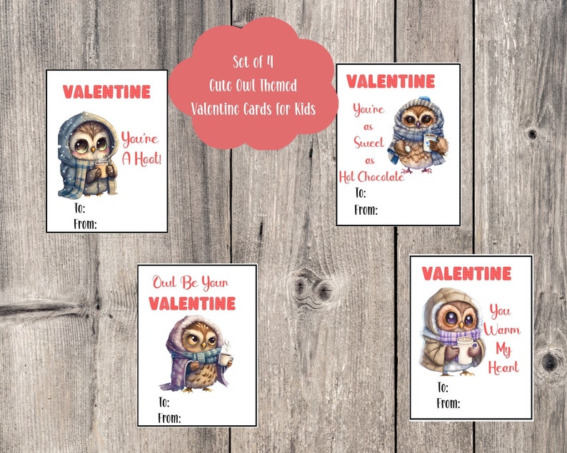 Cute Owl Themed Valentines Cards for Kids, Printable Owl and Hot Cocoa ...