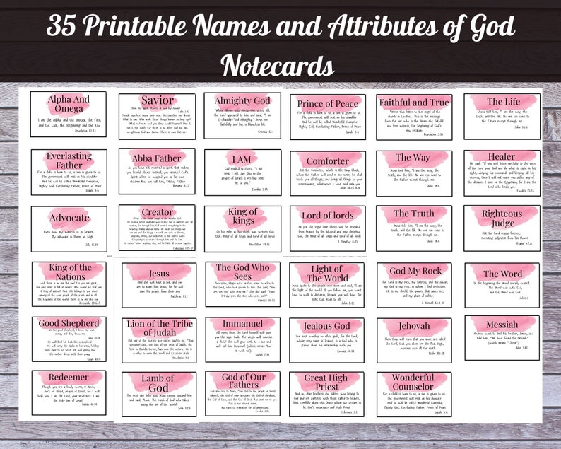 35 Names and Attributes of God 3x5 Notecards, Printable Scripture Verse ...
