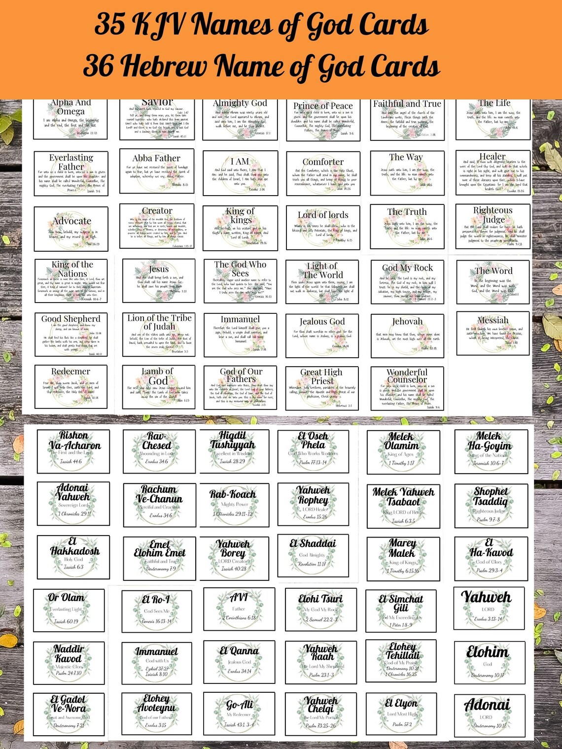 Floral KJV Names of God 3x5 Notecard Bundle, Printable 35 Names of God ...