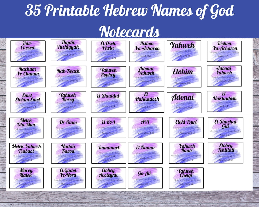 35 Hebrew Names of God 3x5 Notecards, Printable Names of God Notecards ...