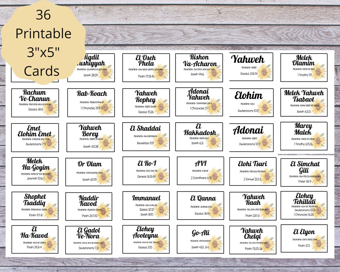 36 Hebrew Names of God 3x5 Notecards, Printable Names of God Notecards ...