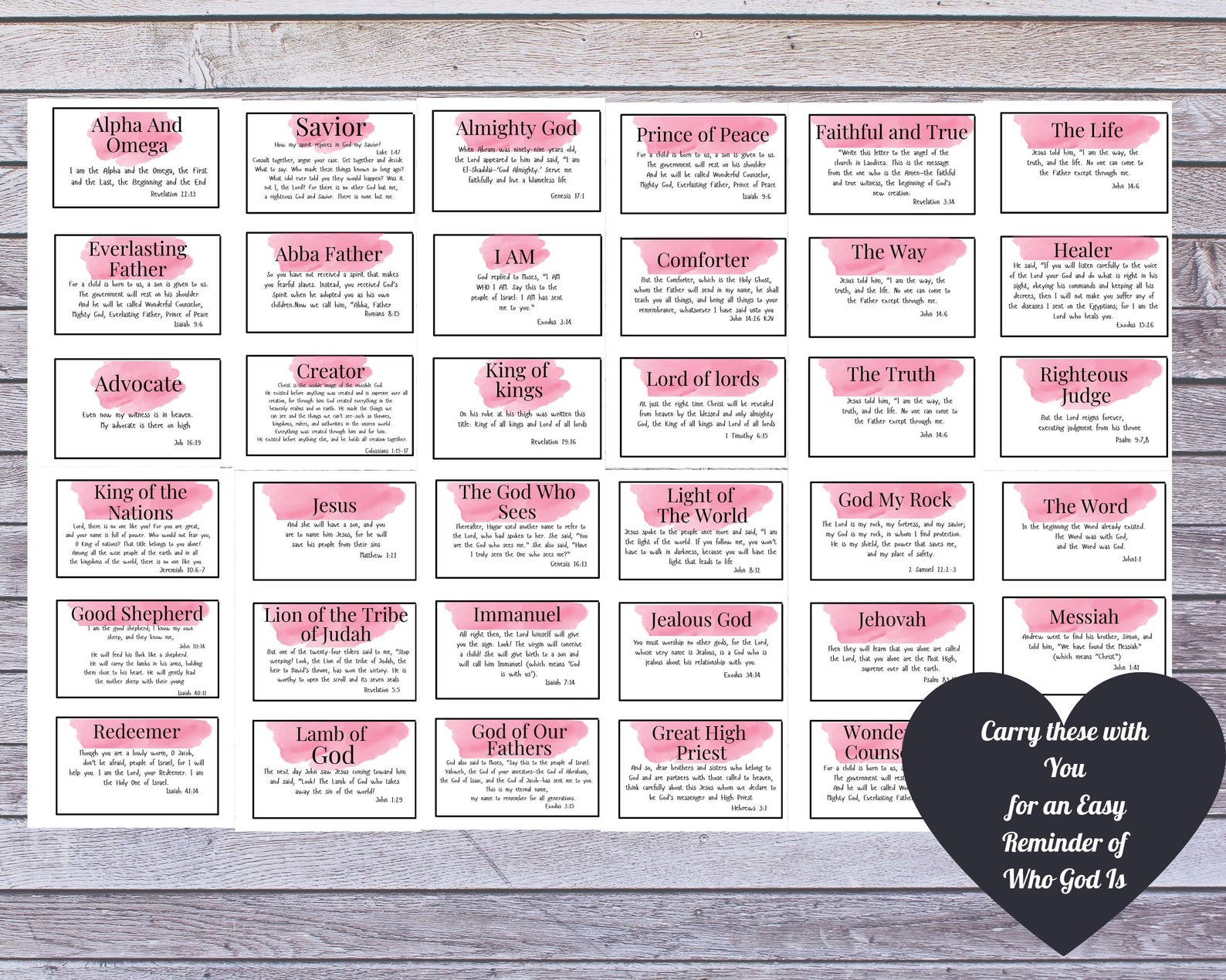 35 Names and Attributes of God 3x5 Notecards, Printable Scripture Verse ...