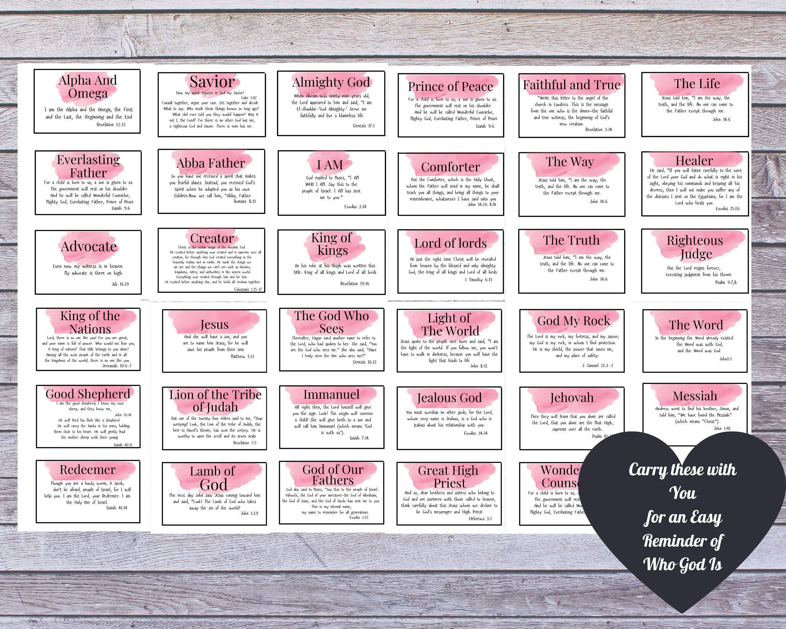 35 Names and Attributes of God 3x5 Notecards, Printable Scripture Verse ...