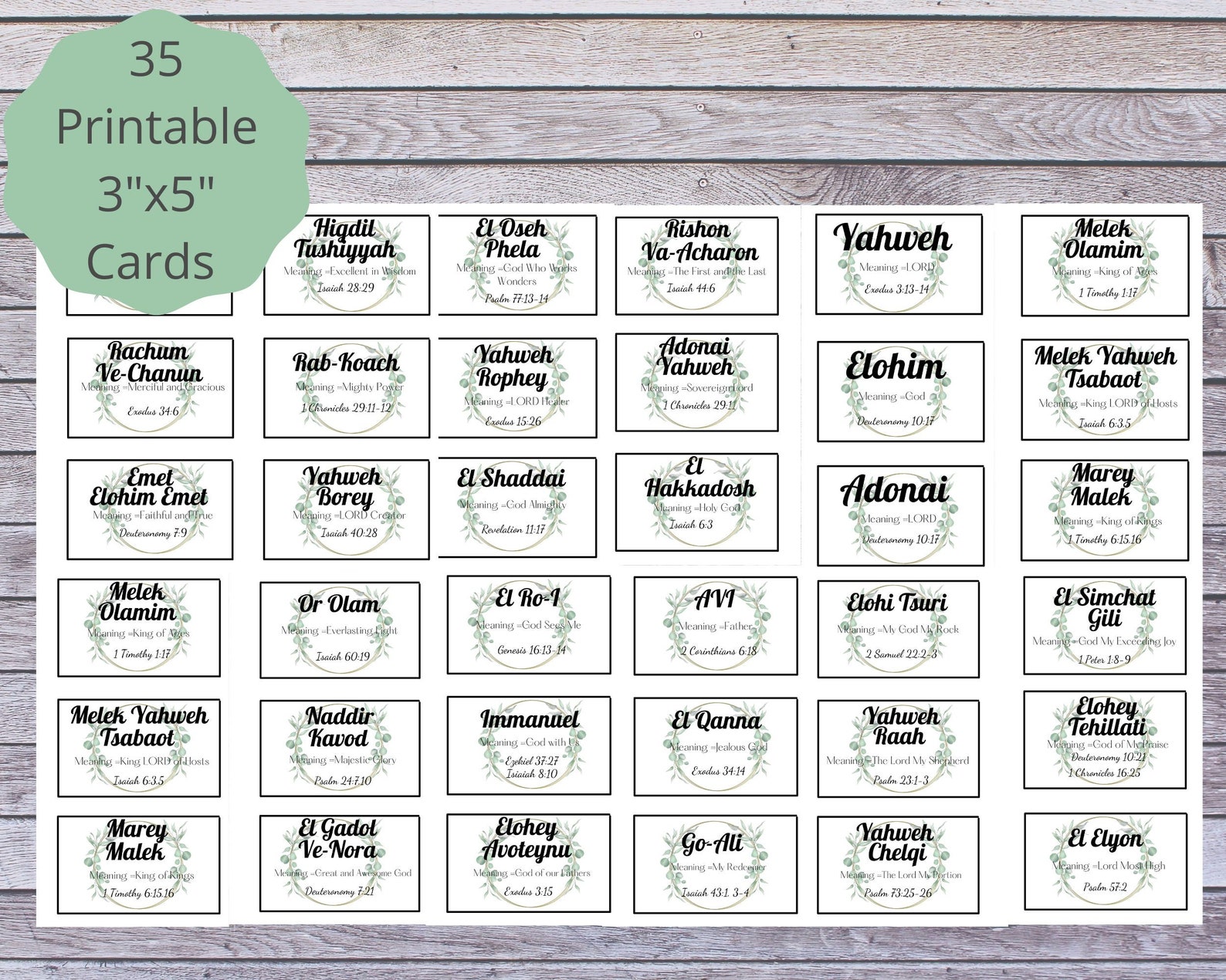 36 Hebrew Names of God 3x5 Notecards, Printable Names of God Notecards ...