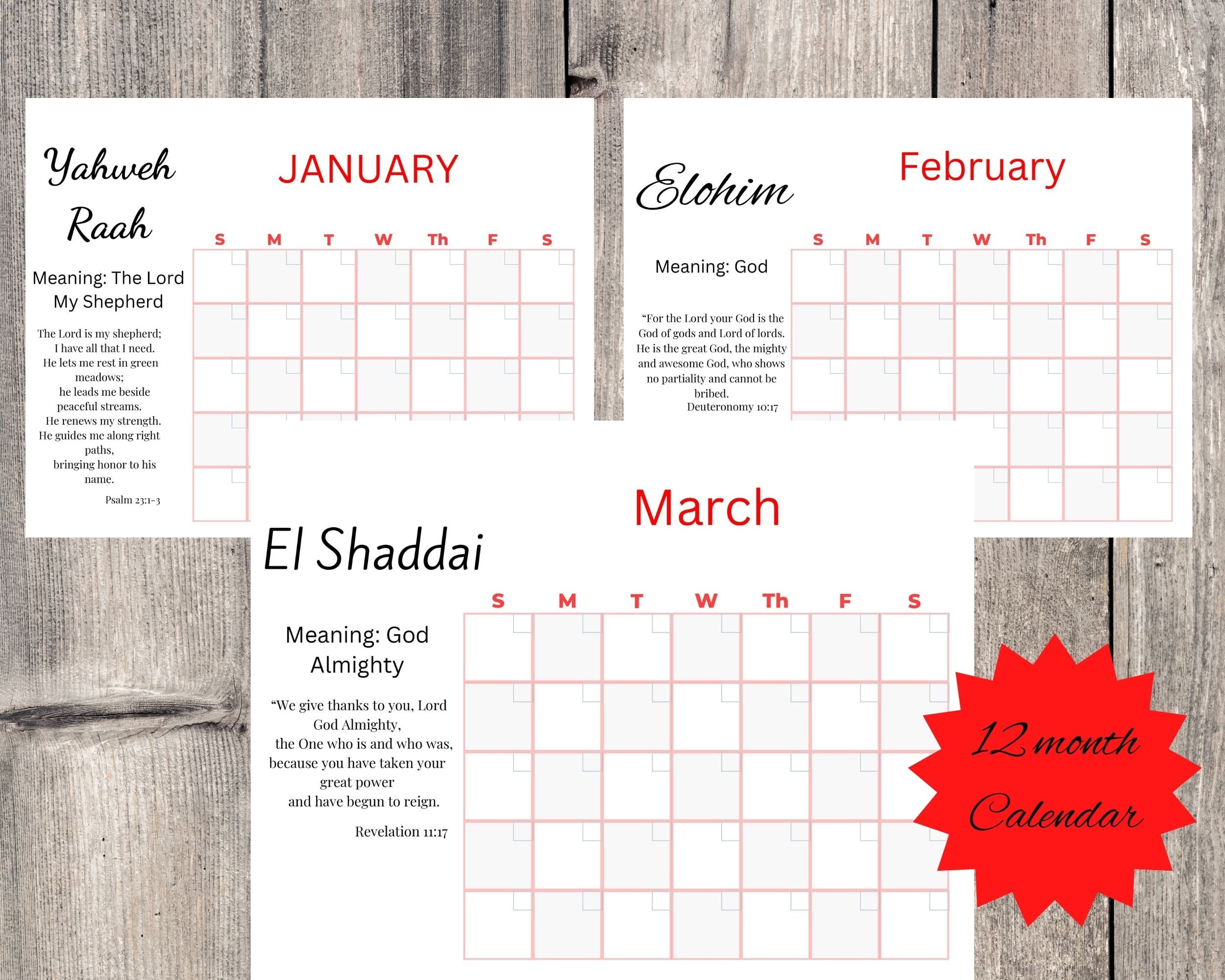 Hebrew Names of God Calendar, Scripture Verse (printable PDF) - Etsy