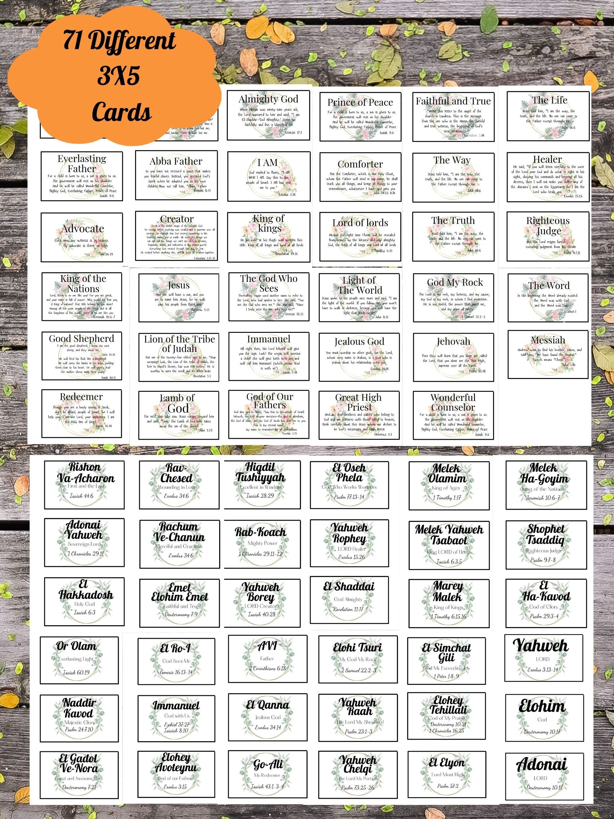 Floral Names of God 3x5 Notecard Bundle, Printable 35 Names of God ...
