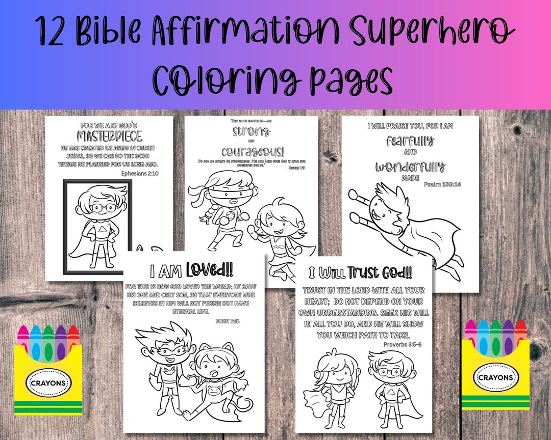 12 Kids Coloring Bible Verse Pages, Printable Superhero Bible Verse ...