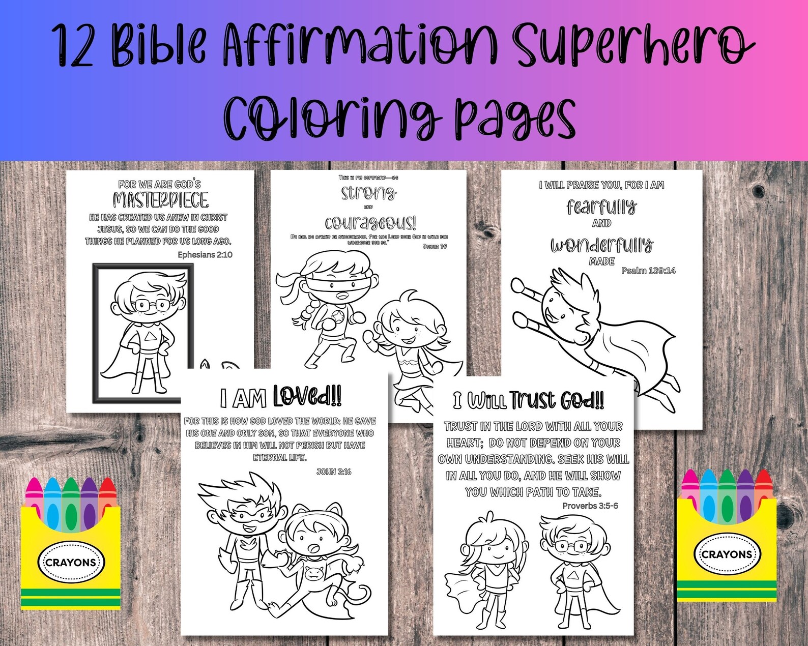 12 Kids Coloring Bible Verse Pages, Printable Superhero Bible Verse ...