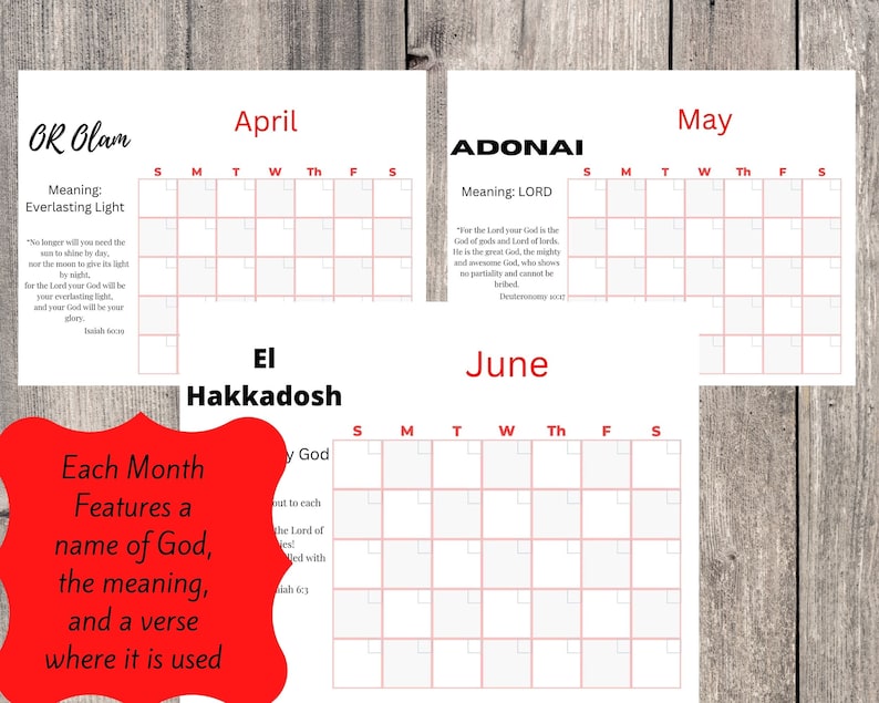 Hebrew Names of God Calendar, Scripture Verse (printable PDF) - Etsy