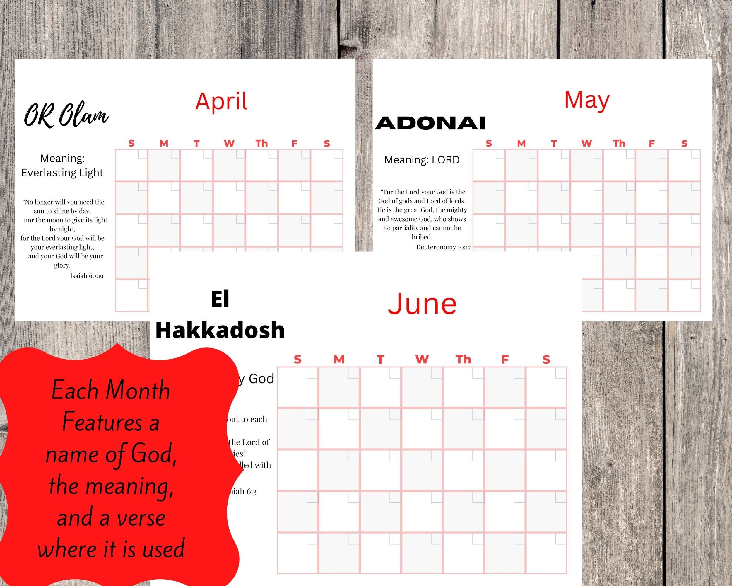 Hebrew Names of God Calendar, Scripture Verse (printable PDF) - Etsy