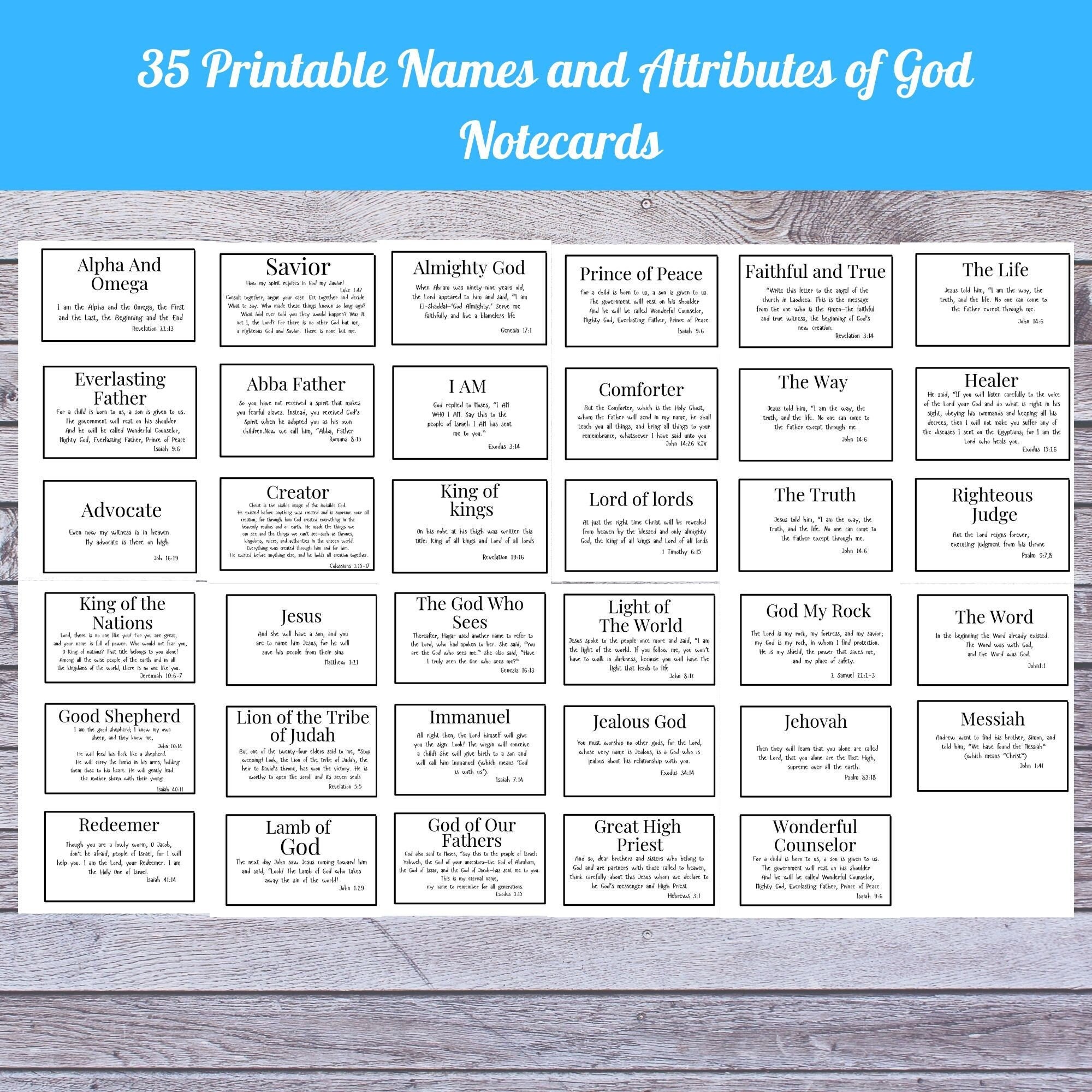 35 Names and Attributes of God 3x5 Notecards, Printable Scripture Verse ...