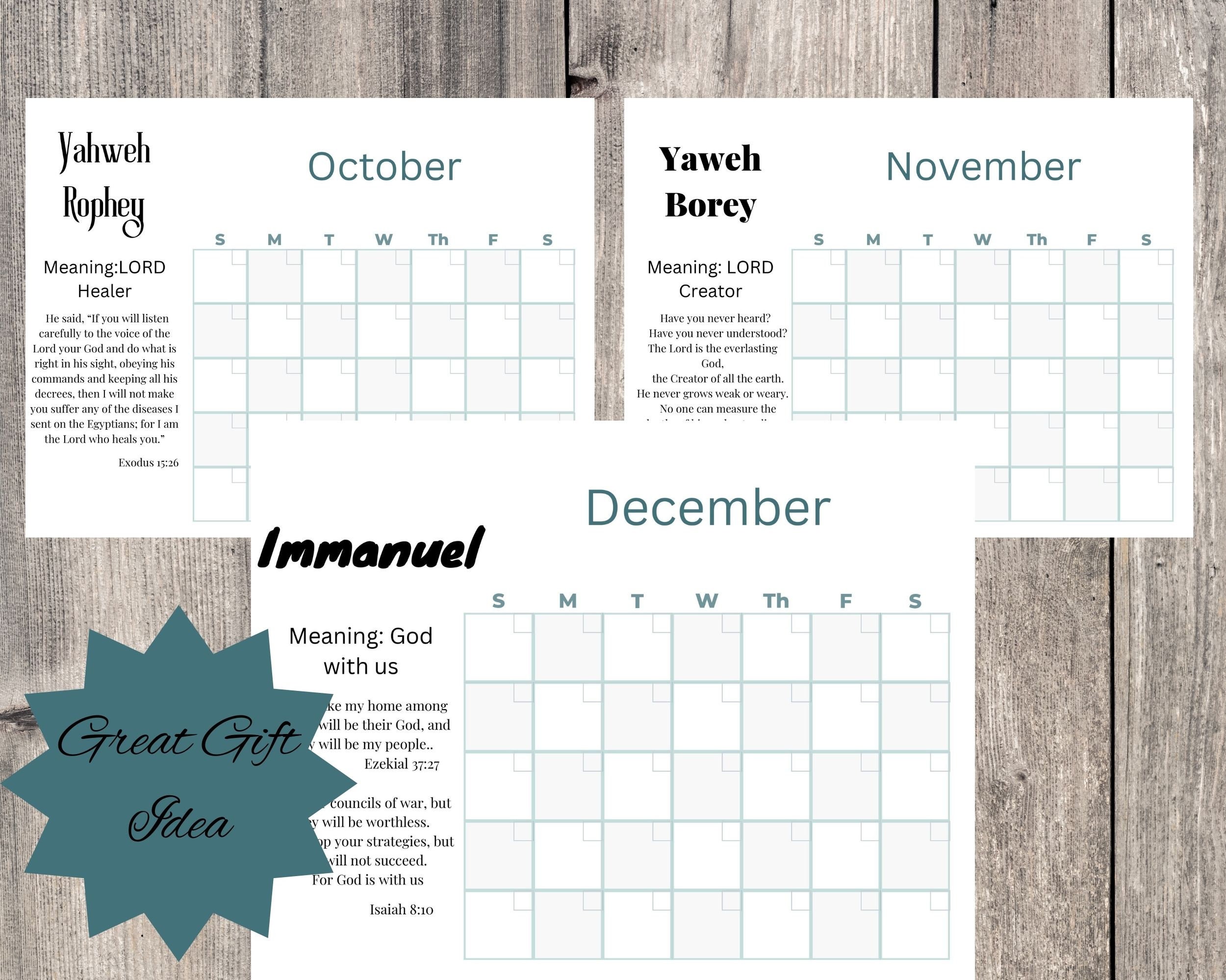 Hebrew Names of God Calendar, Scripture Verse (printable PDF) - Etsy