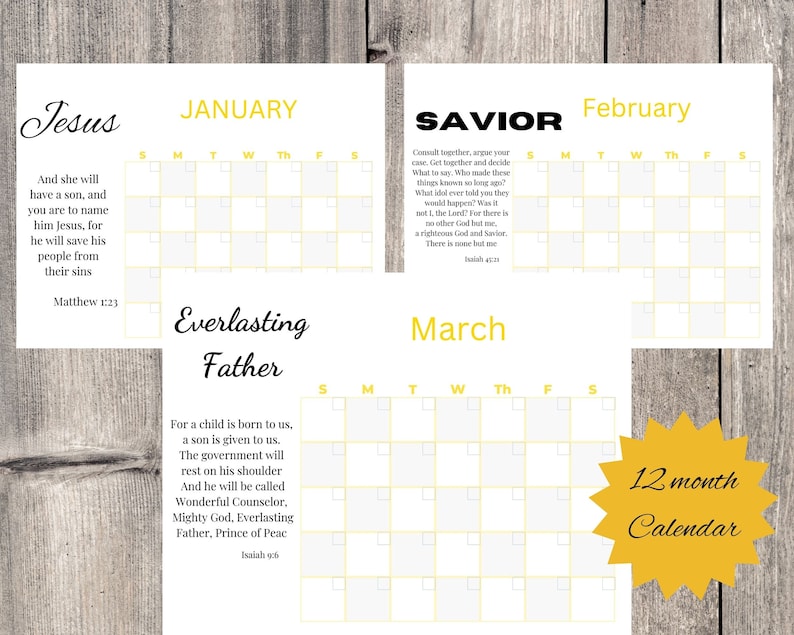 Names and Attributes of God Calendar, Printable 12 Month Calendar, Each ...