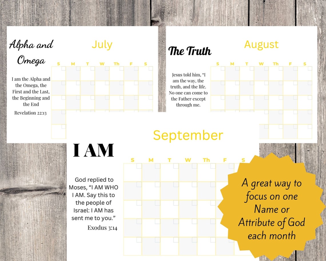 Names and Attributes of God Calendar, Printable 12 Month Calendar, Each ...