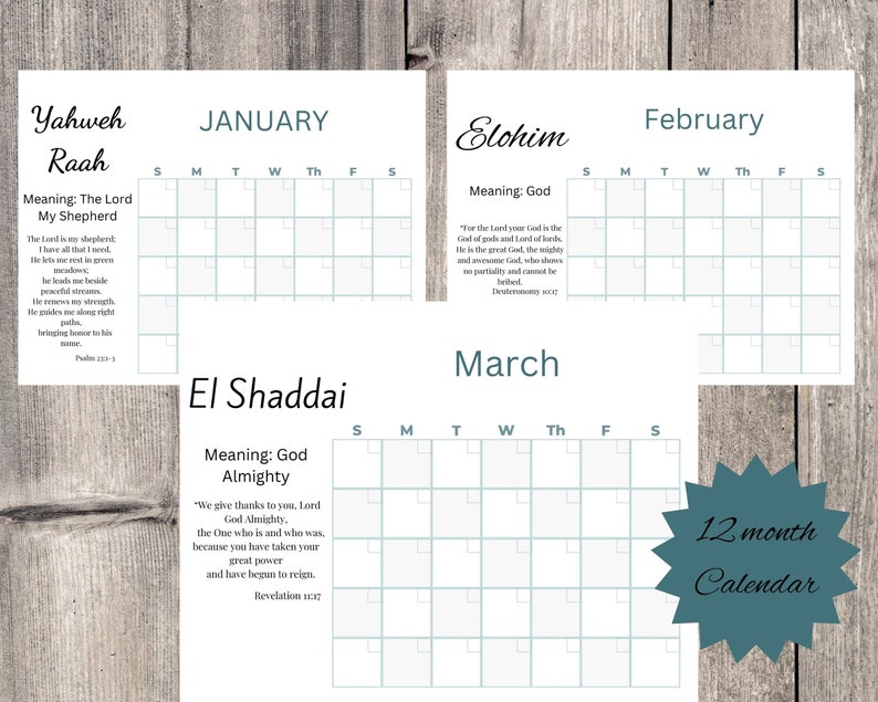 Hebrew Names of God Calendar, Printable 12 Month Calendar, Each Month ...